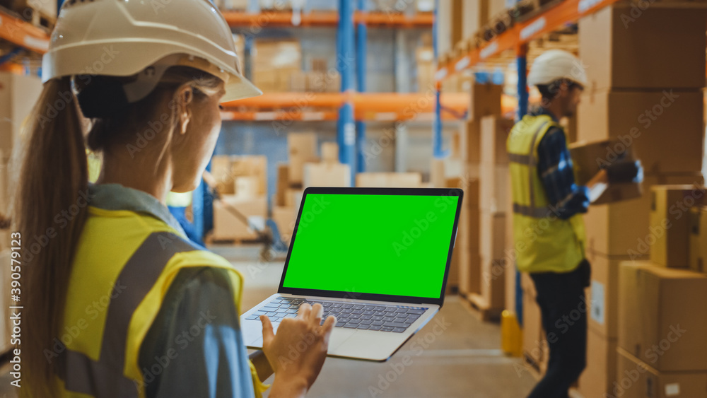 Professional Female Worker Wearing Hard Hat Holding Laptop Computer ...