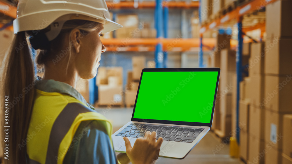 Professional Female Worker Wearing Hard Hat Holding Laptop Computer ...