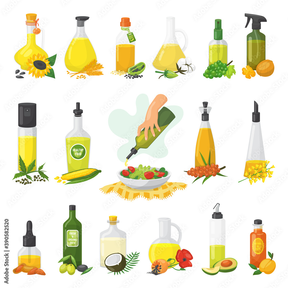 Cooking vegetable oil set of isolated on white vector illustrations ...