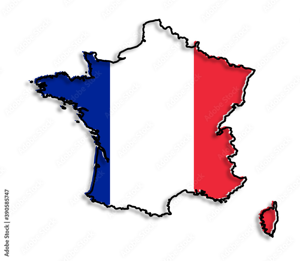 Map of France painted in national colors with black borders and shadow ...