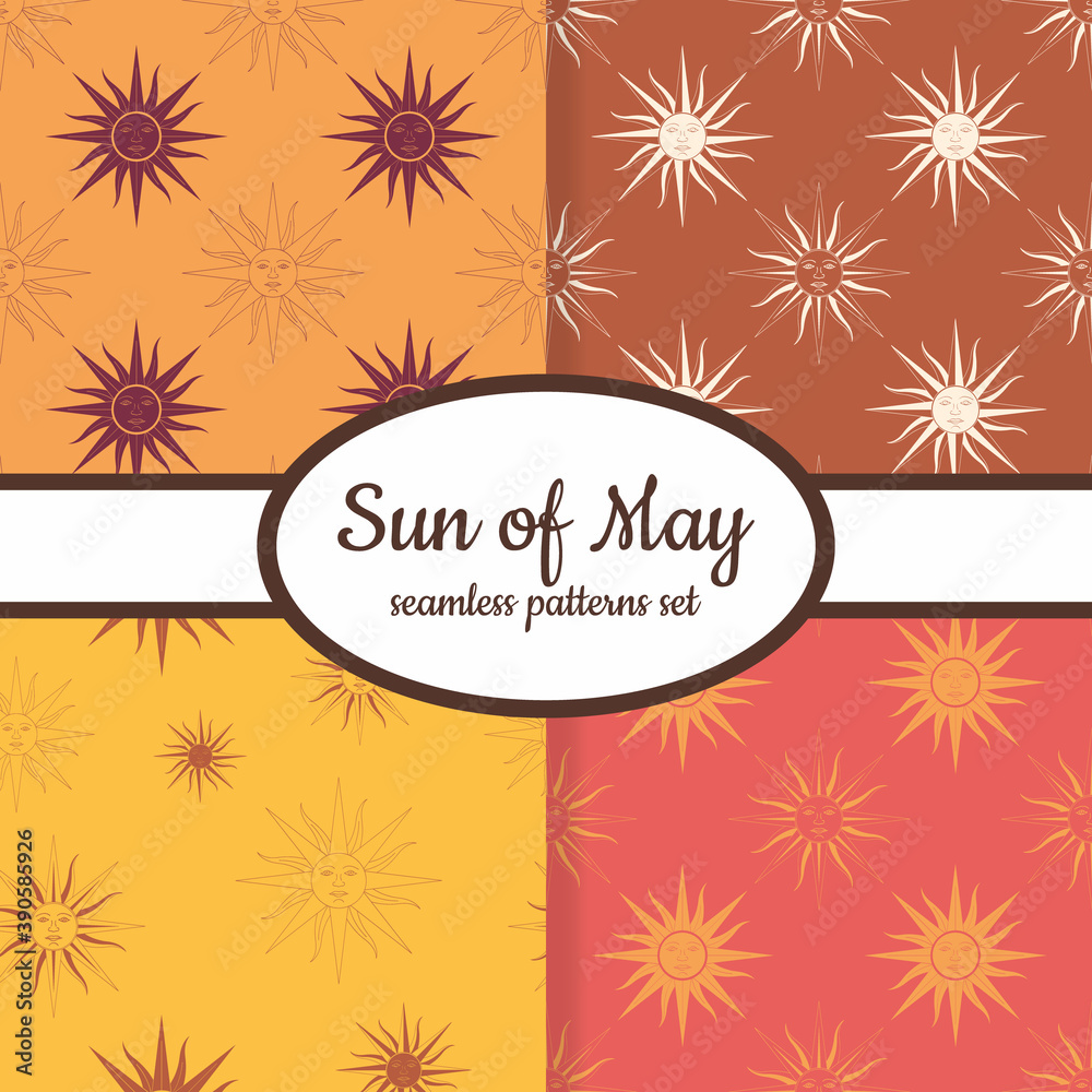Collection of seamless patterns with Sun of May ancient symbol of Incan ...