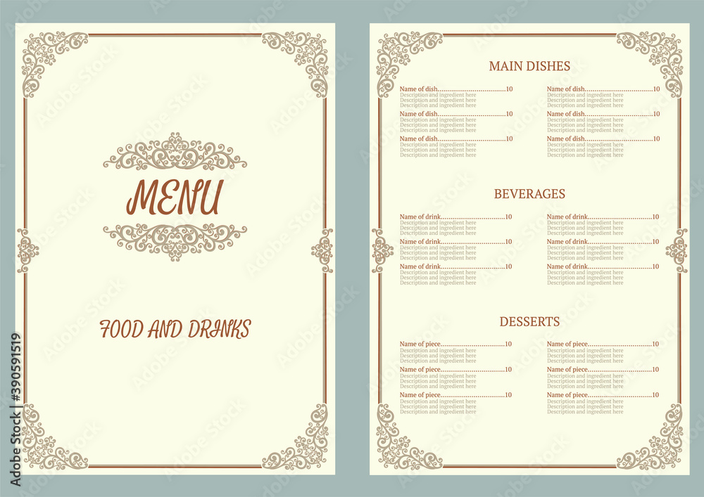 Restaurant menu design. Vector menu brochure template for cafe, coffee ...