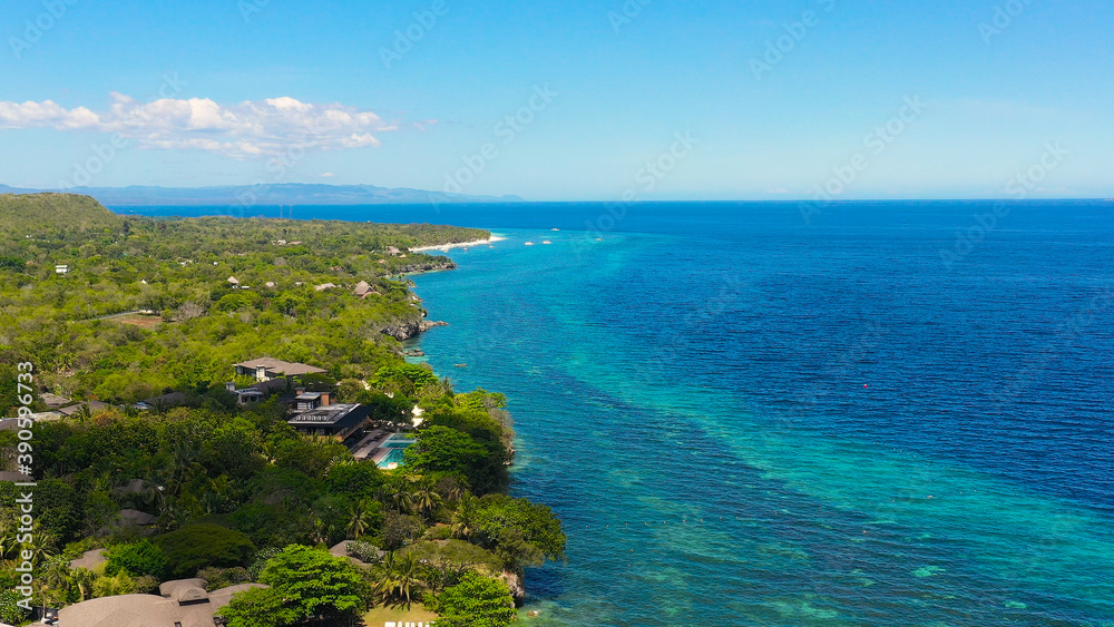 Aerial top view on sand beach,palm tree and ocean. Alona beach and ...