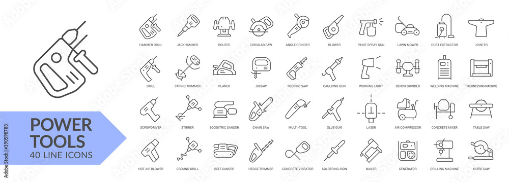 Power tools line icon set. Isolated signs on white background. Vector ...