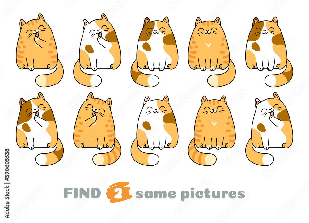 Cartoon cute cats. Find two same pictures. Educational game for ...