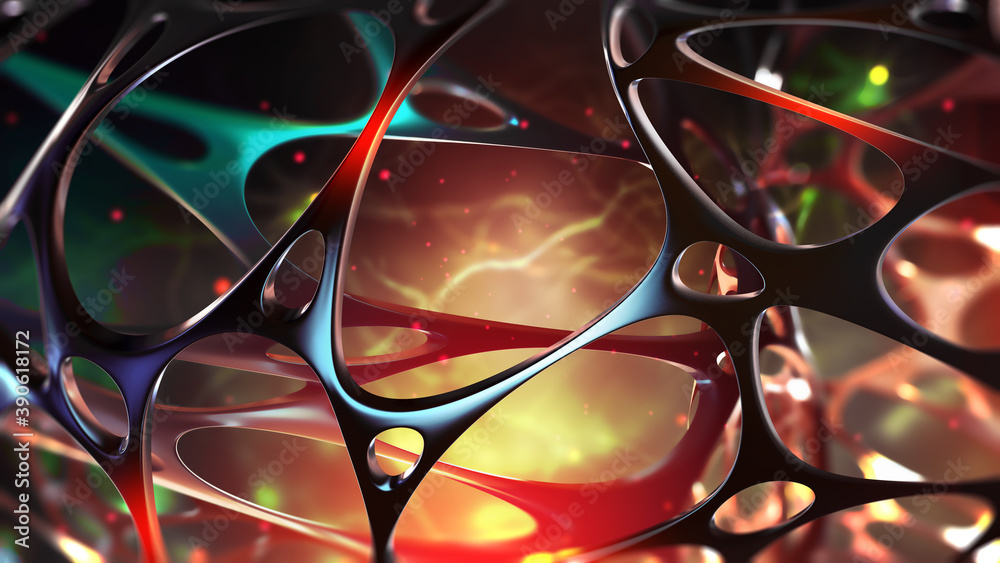 Abstract sci-fi 3D illustration. Connected neurons, electrical impulses ...