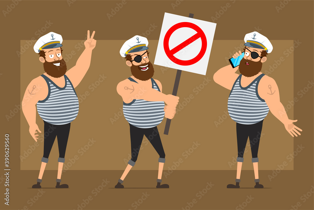 Cartoon flat funny bearded fat sailor man character in captain hat with ...