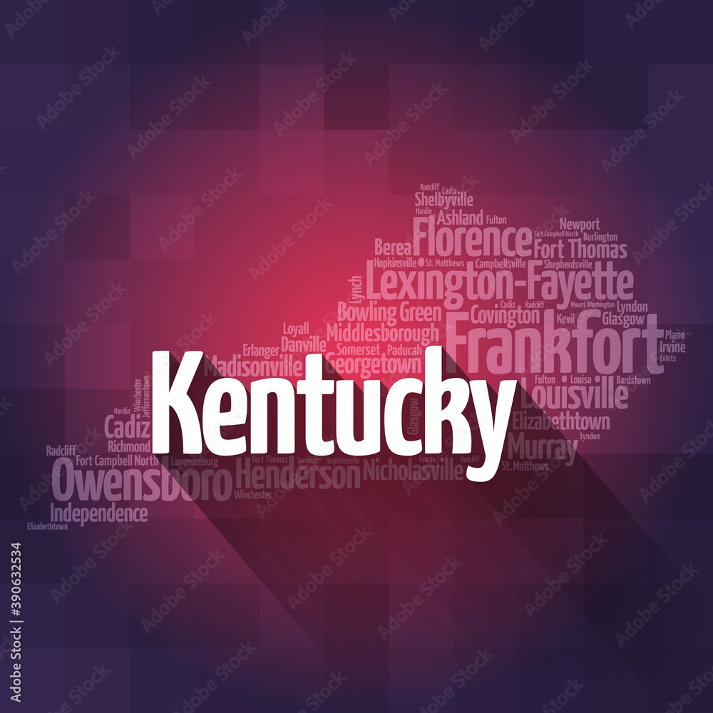 List of cities in Kentucky USA state, map silhouette word cloud map ...