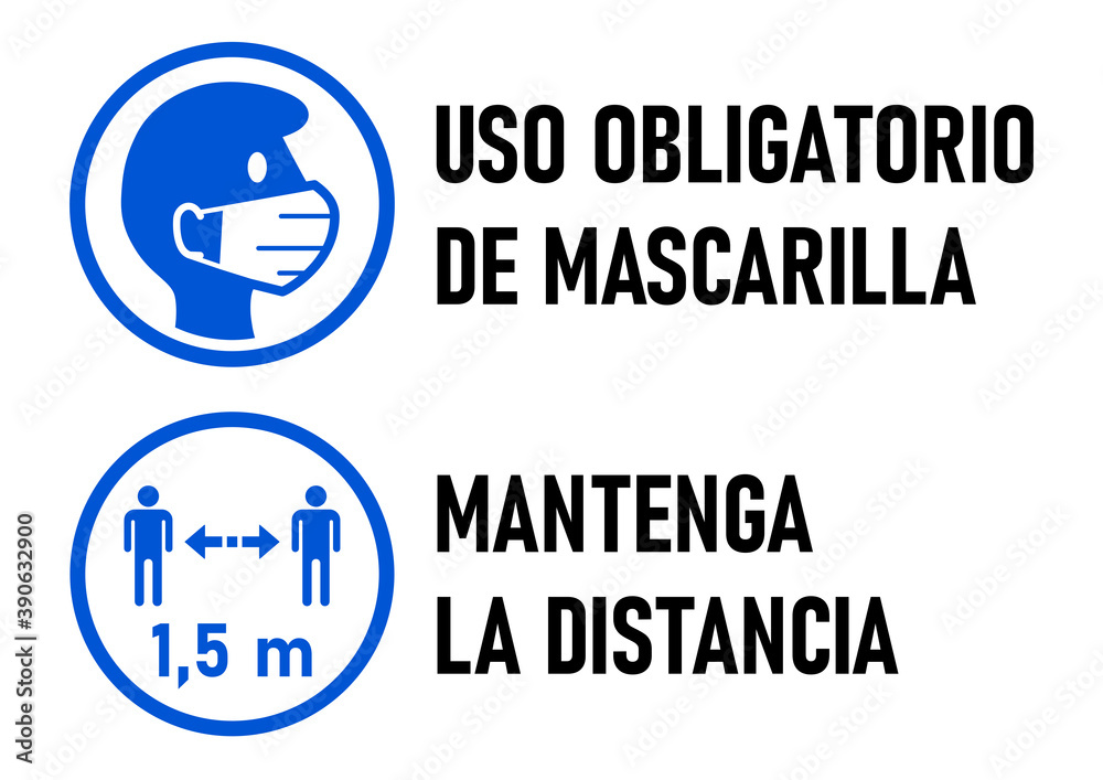 Set of Round Icons for Coronavirus Measures in Spanish including "Uso ...