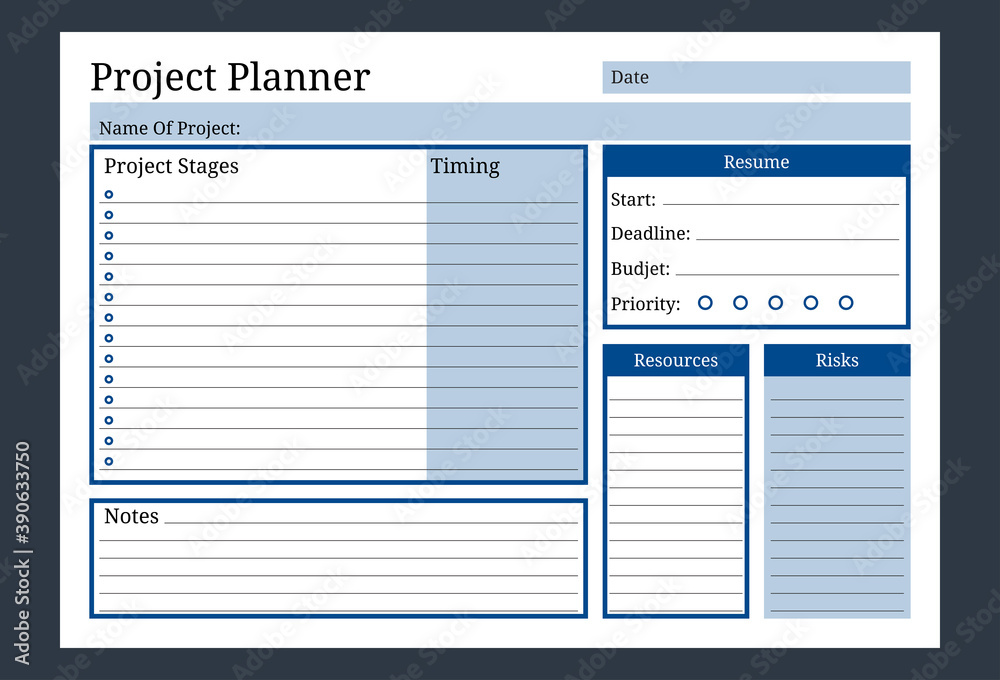 Project Planner with stages, timing, budget, resources and risks. Clear ...