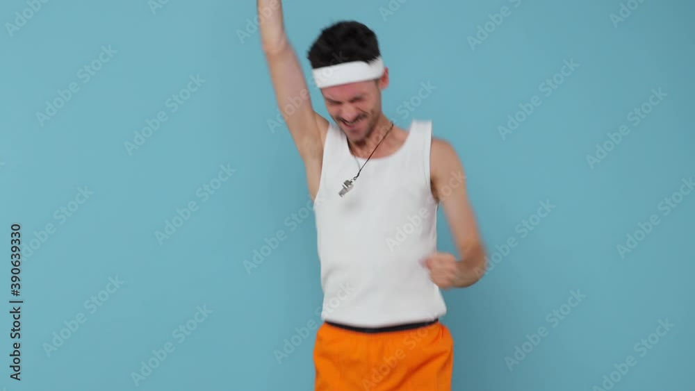 Crazy laughing young fitness man with thin skinny body sportsman in ...