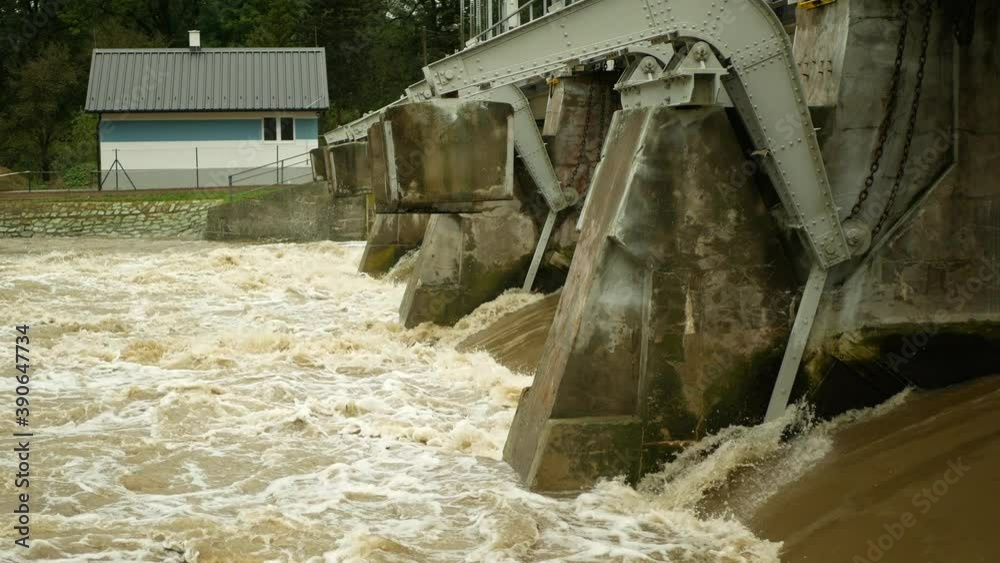 Flood river flooding Morava water, weir sluice spate, hydro-electric ...