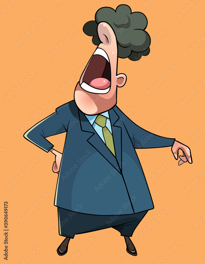 cartoon curly haired man in a suit stands with his head raised and ...