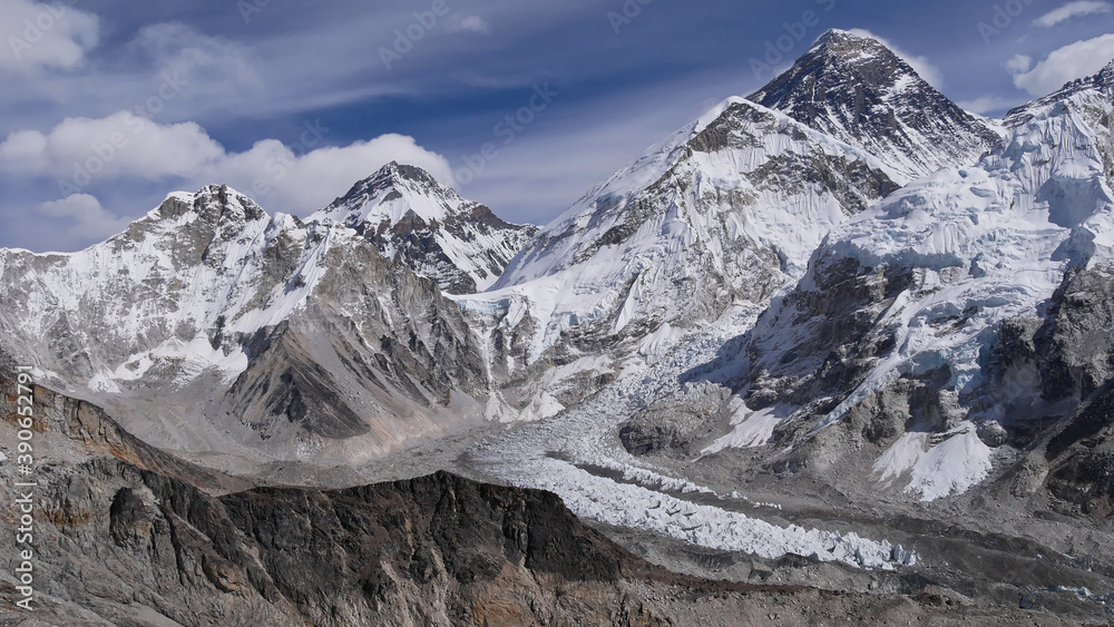 Spectacular panorama view of mighty Mount Everest (summit: 8,848 m ...