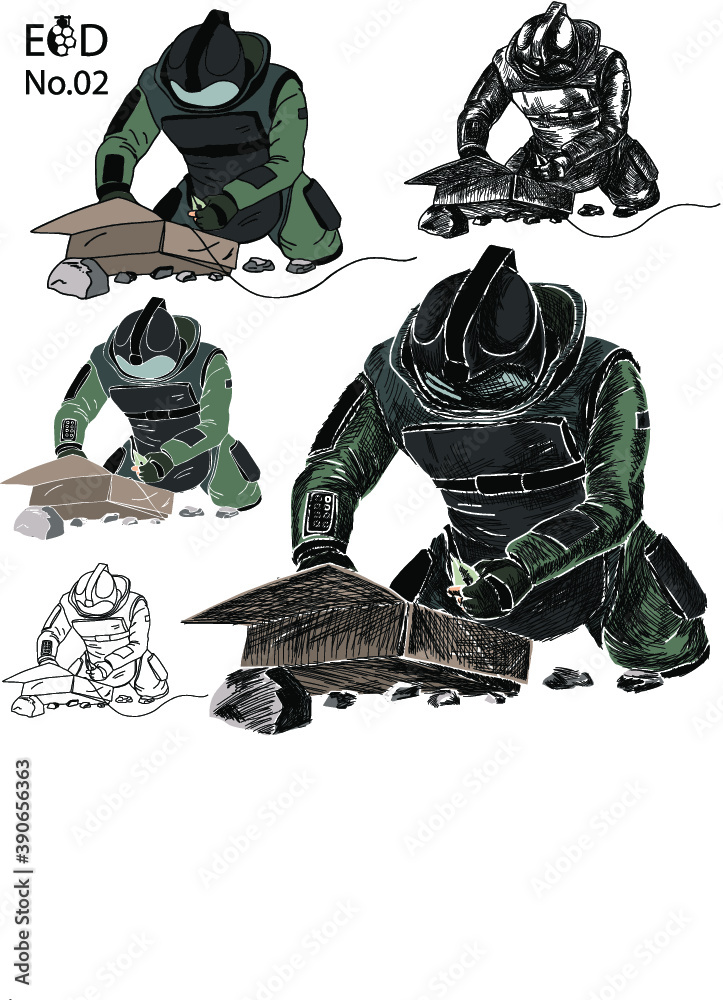 Hand drawn a bomb suit must protect all parts of the body, Soldier in ...