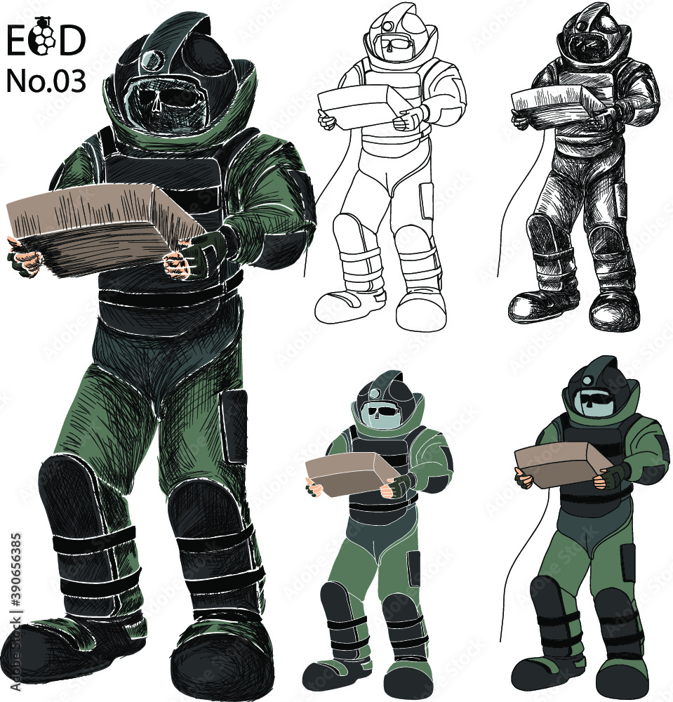 Vetor de Hand drawn a bomb suit must protect all parts of the body ...