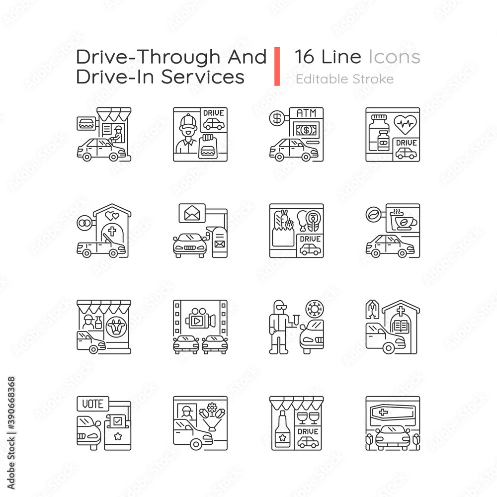 Drive through services linear icons set. Auto on fast food window ...