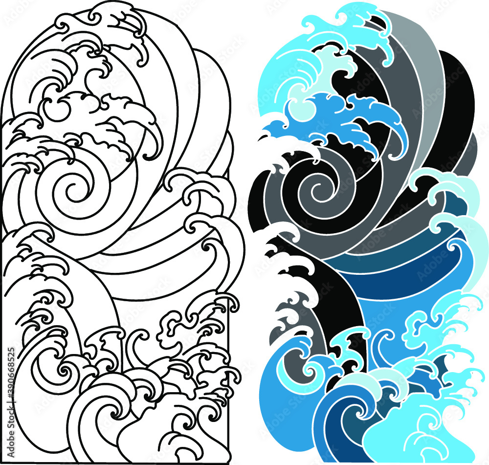 Ocean wave tattoo. a set of Japanese wave Tattoo.water splash and ...