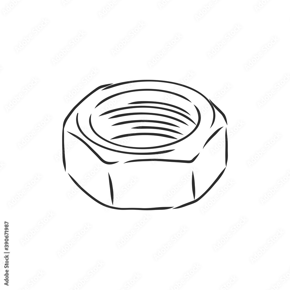 Gadget icon. Vector illustration of a bolt and nut. Hand drawn tool nut ...