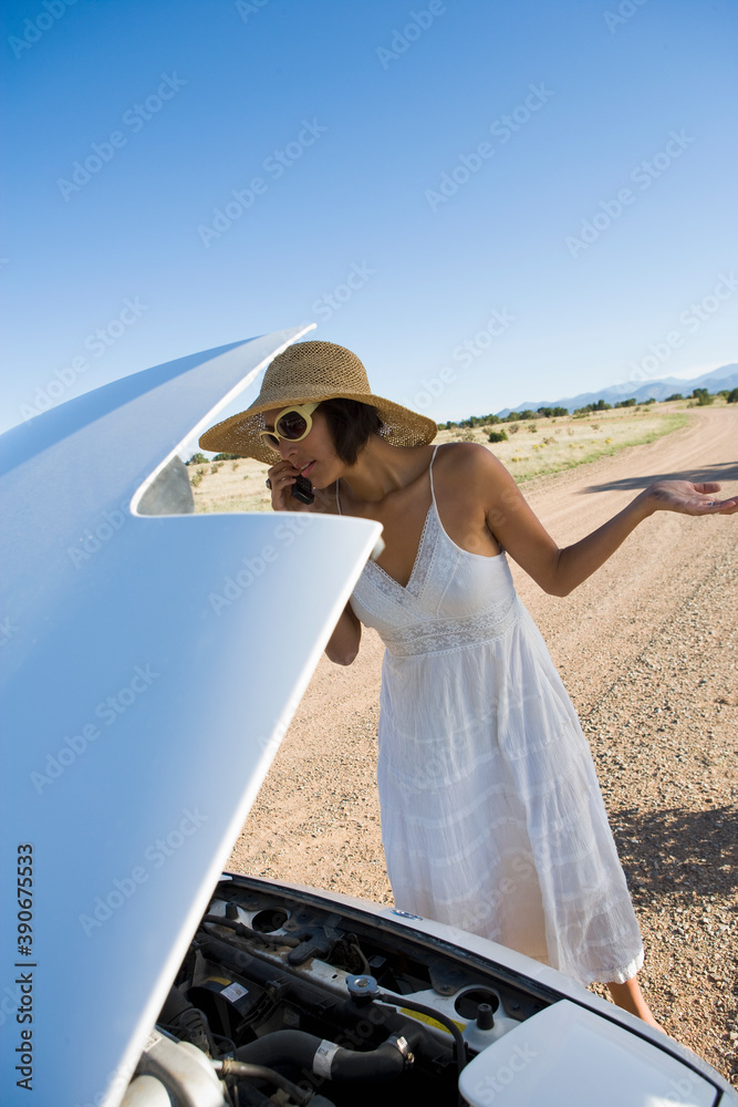 Native American woman on a mobile phone by a broken down car,phoning ...