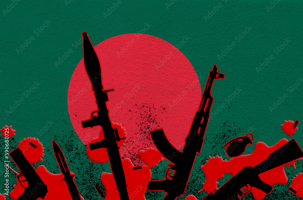 Bangladesh flag and various weapons in red blood. Concept for terror ...