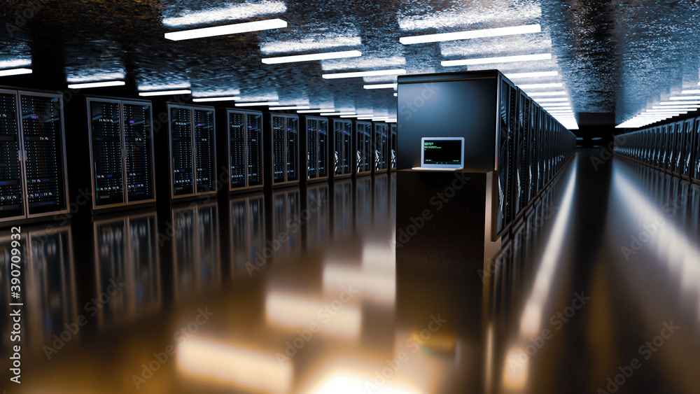 Server room data center. Rackmount LED console. Backup, mining, hosting ...