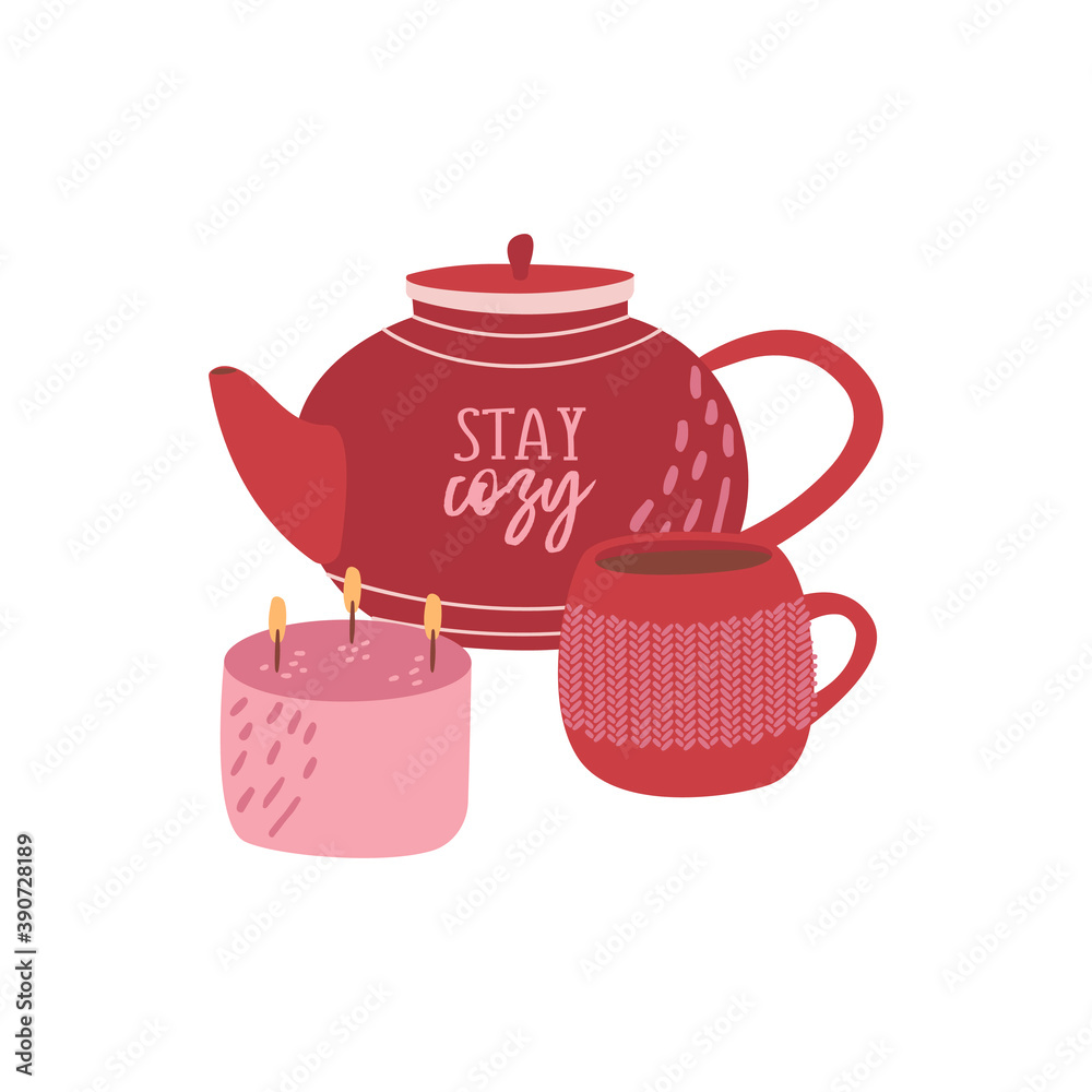 Flat vector cartoon illustration of a teapot, a Cup of tea with a ...