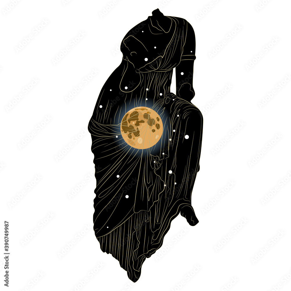 Ancient Greek goddess as starry night with full moon. Selene or Nyx ...