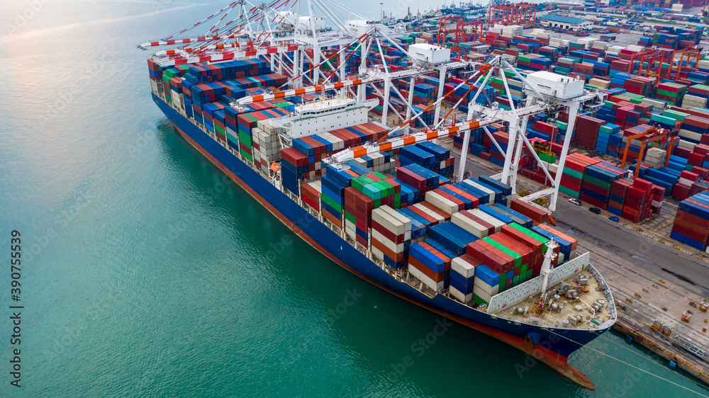 Aerial view port shipping, Container ship port with crane port ...