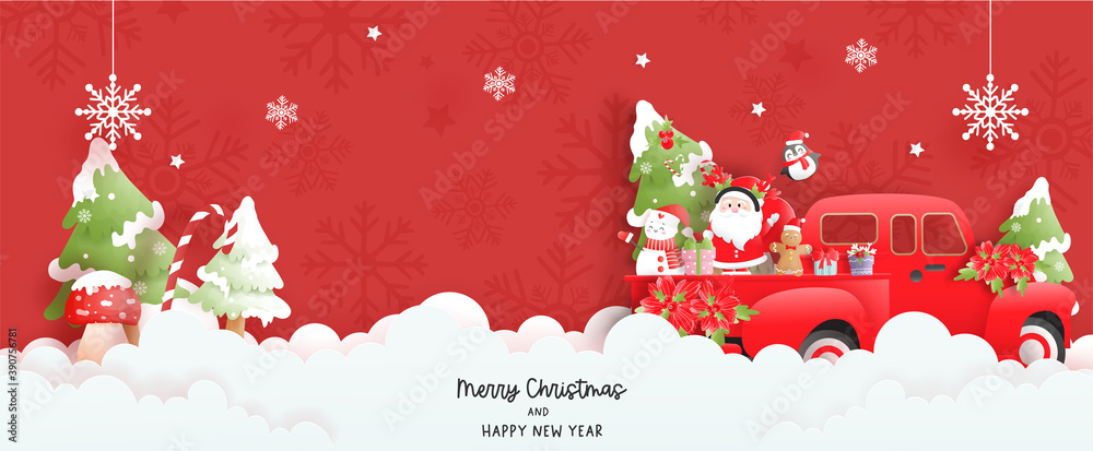 Christmas scene banner with Cute Santa and Christmas tree Stock Vector ...