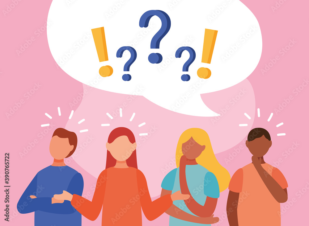 young interracial people doubting with question and exclamation marks ...