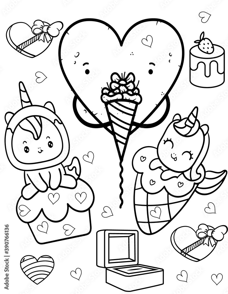 Coloring book page for Valentine's Day- Coloring page- Black and White ...