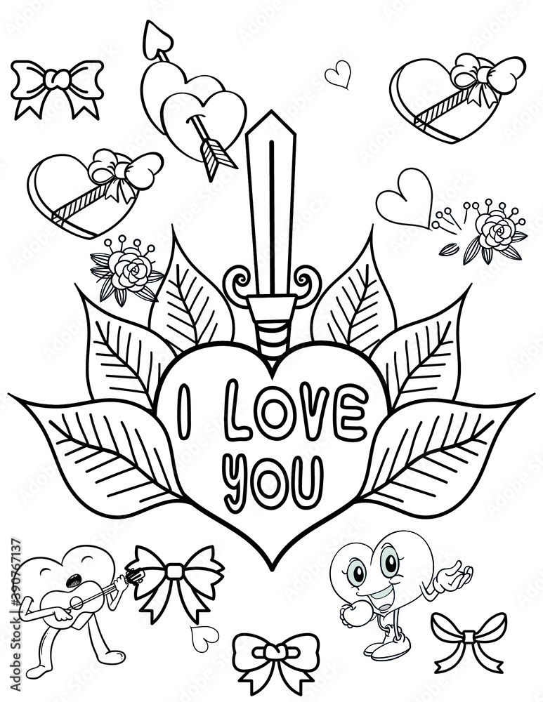 Coloring book page for Valentine's Day- Coloring page- Black and White ...
