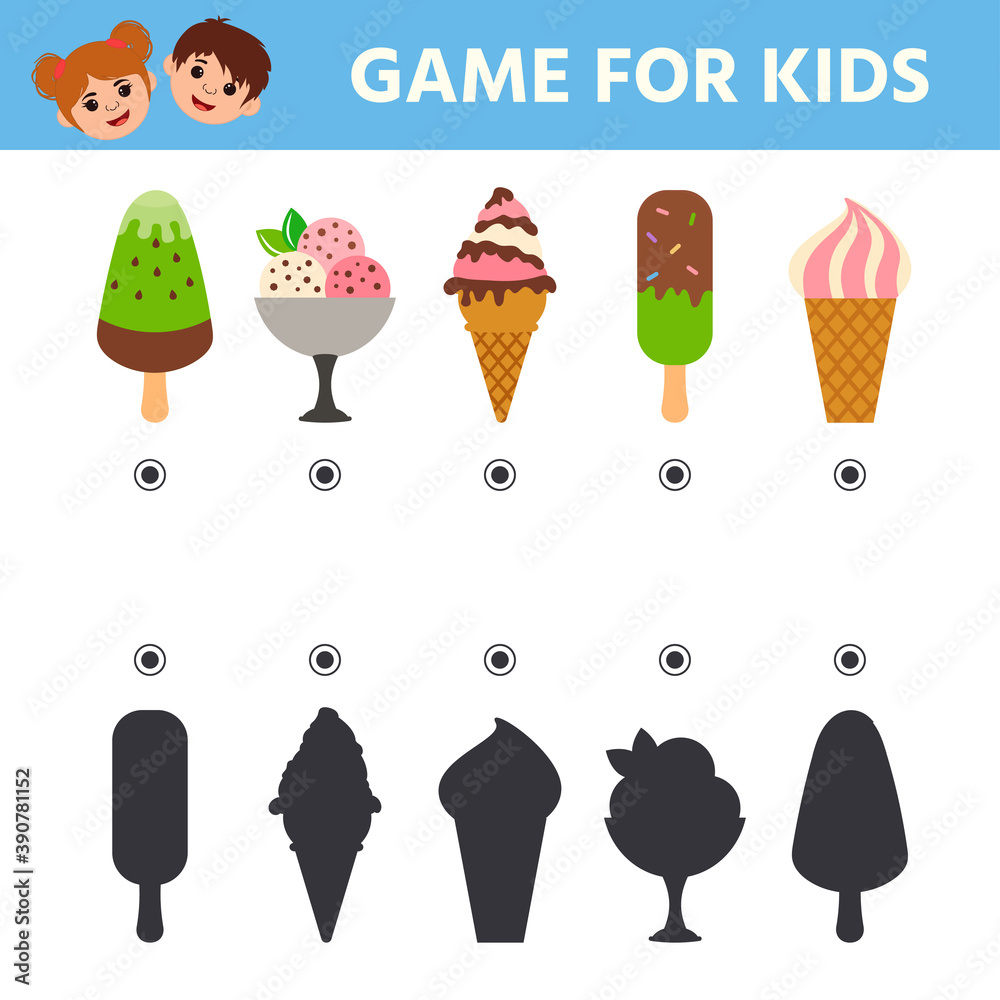 Game for kids with ice cream. Kids learning material. Find the shadow ...