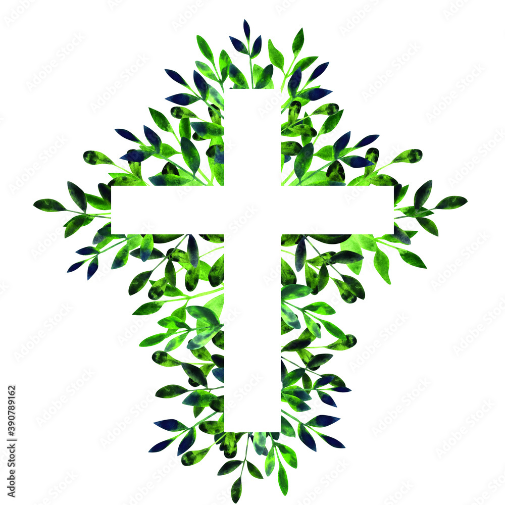 Green watercolor floral religious cross isolated on a white background ...