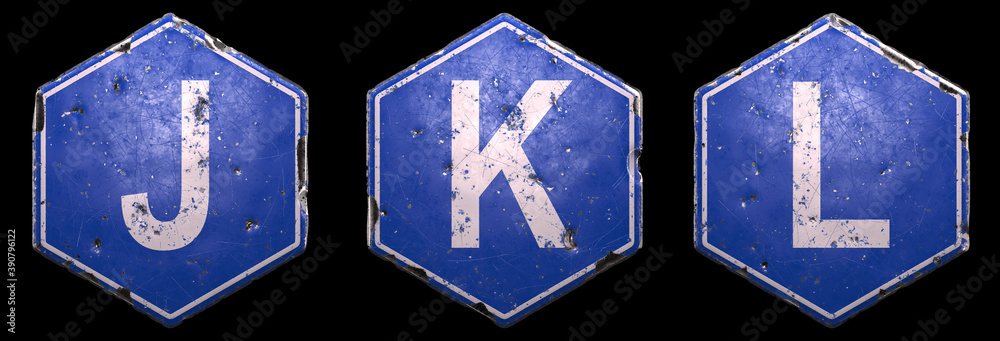 Set of public road signs in blue color with a capital white letter J, K ...