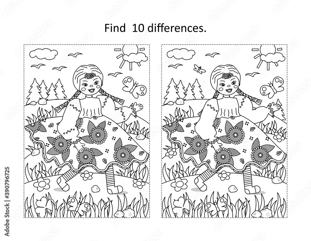 Find 10 differences visual puzzle and coloring page with beautiful ...