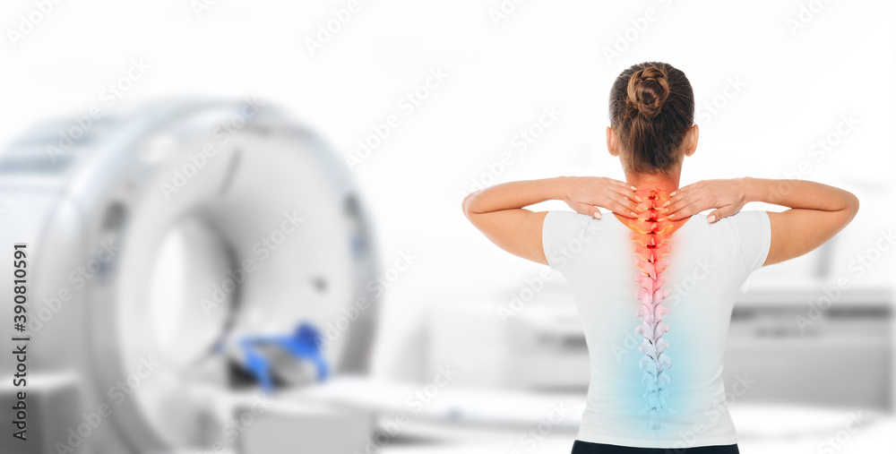 Medicine poster for CT scan human spine. Woman with pain in cervical ...