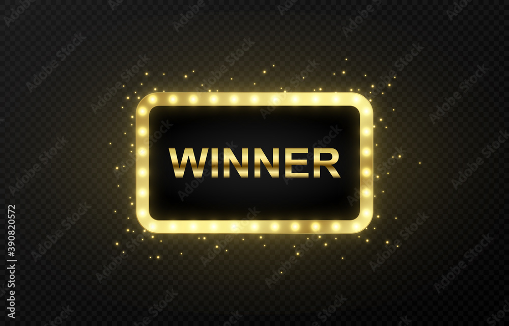 Gold banner of the winner. Gold frame with light, the inscription of ...
