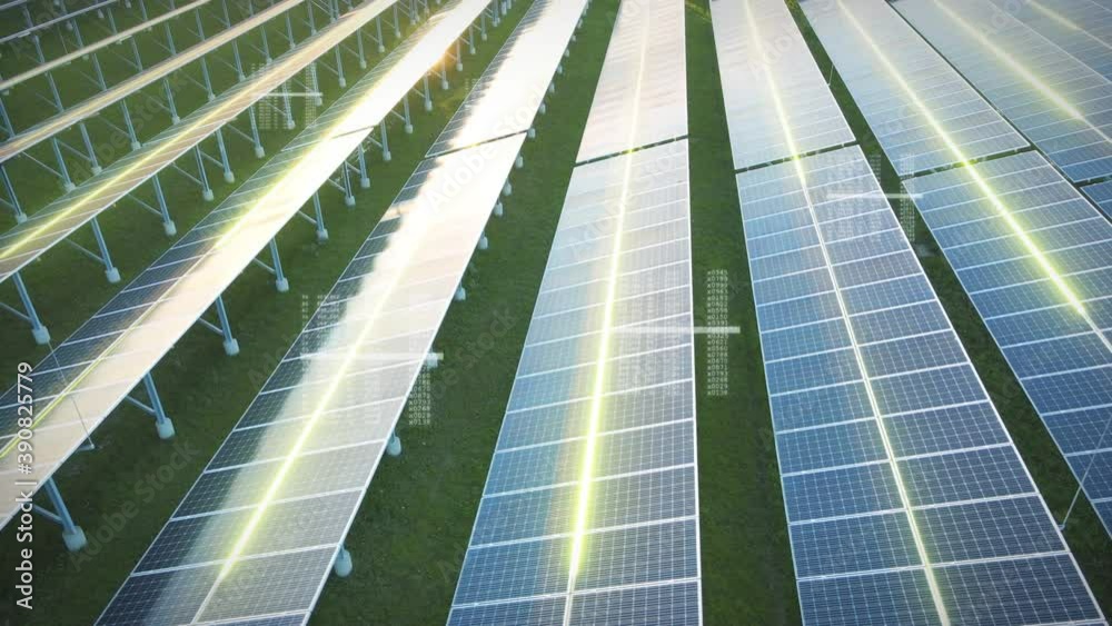 Digital network beams travel across an array of solar panels. Animated ...