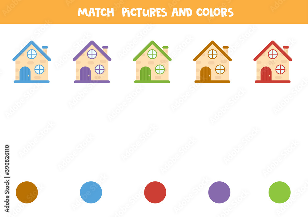 Color matching game with cartoon houses. Worksheet for kids. 素材庫向量圖 ...
