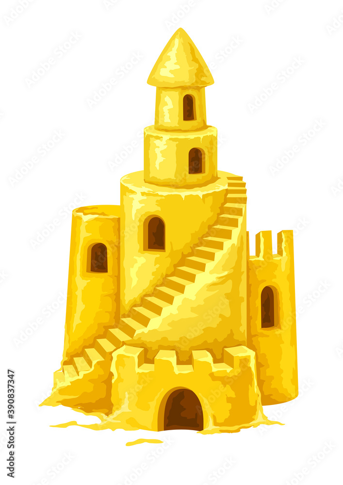 Sand fairy-tale castle with high towers window and stairs. Isolated on ...