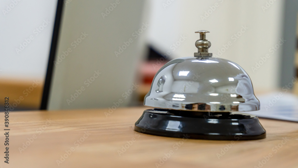 Bell, call the waiter. Hotel reception counter desk with service bell ...