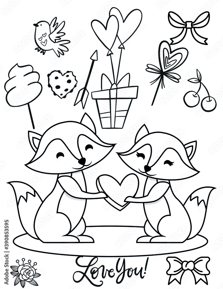 Coloring book page for Valentine's Day- Coloring page- Black and White ...