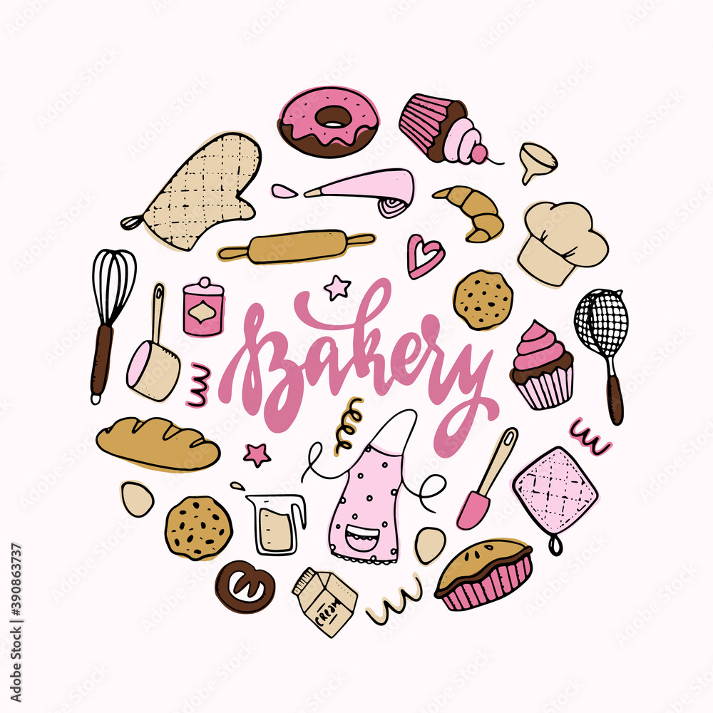 Set of hand drawn bakery doodles and quote isolated on white background ...