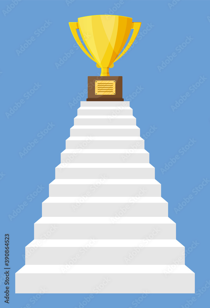 Golden trophy on ladder of success. Award, victory, goal, champion ...