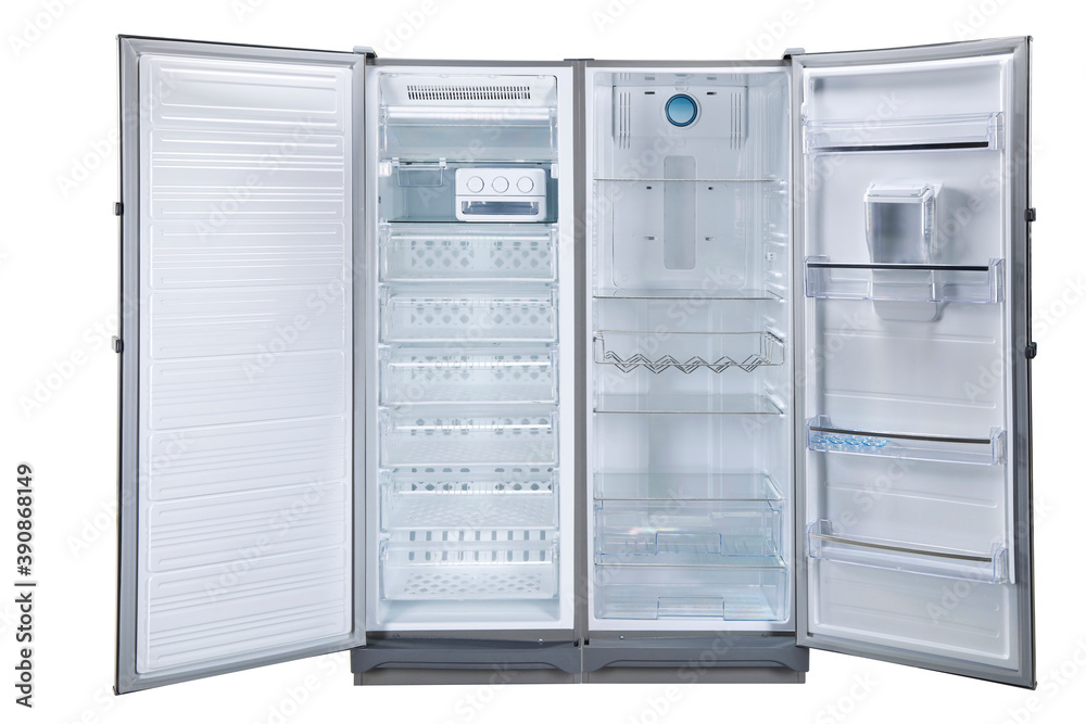 Front View of gray Side by Side Double Door Refrigerator . open door ...