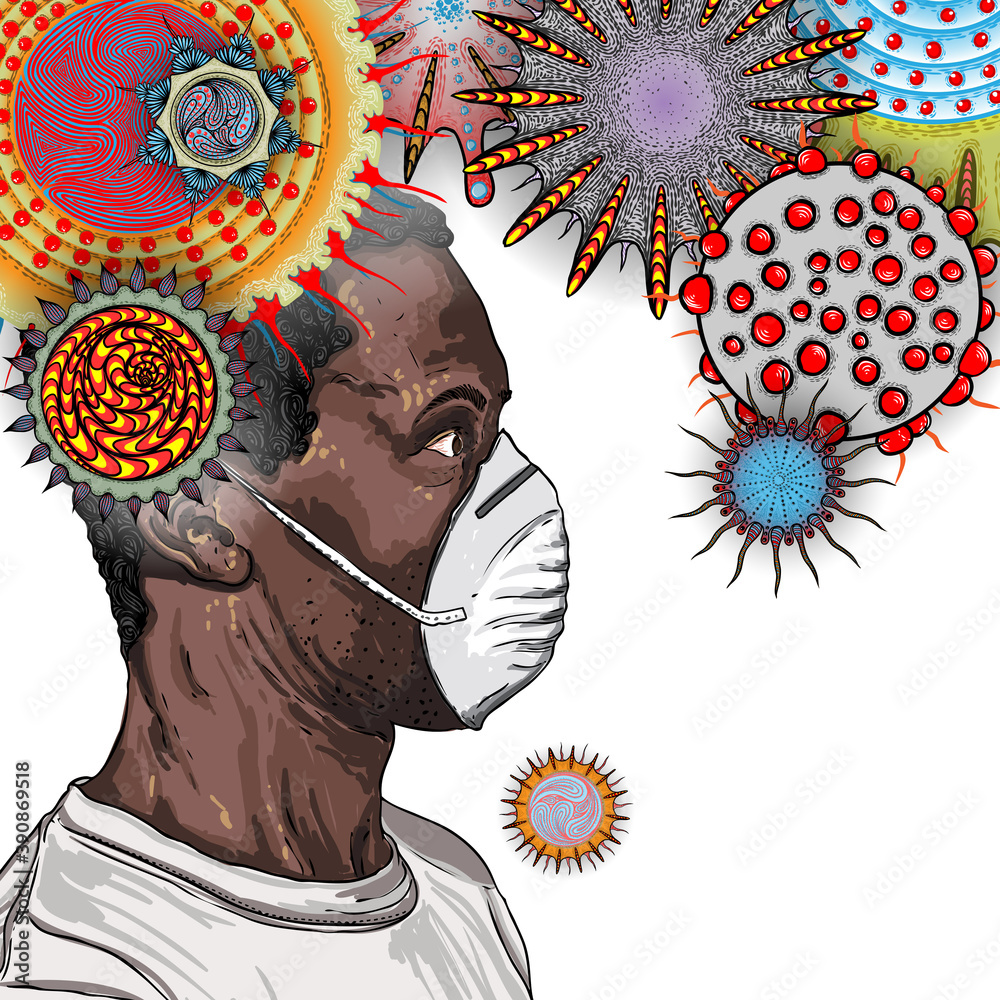 COVID-19 prevention hand drawing, with man safely wearing protecting ...