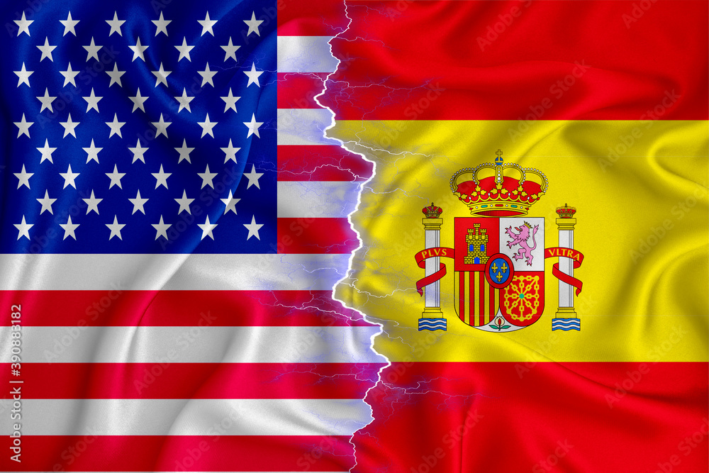 Spain and US flag on zipper crossed textured fabric. The concept of ...