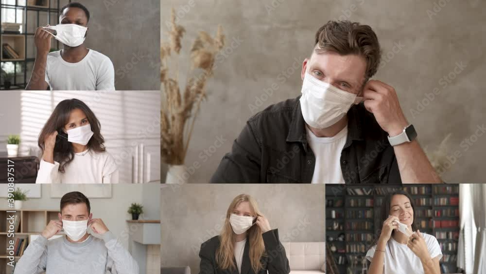 Happy friends take off medical mask during virtual meeting. Webcam view ...